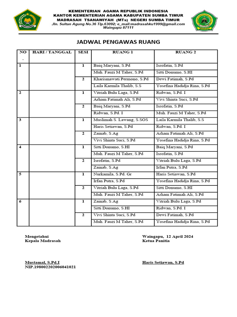04 Jadwal Pengawas AM 2024 | PDF