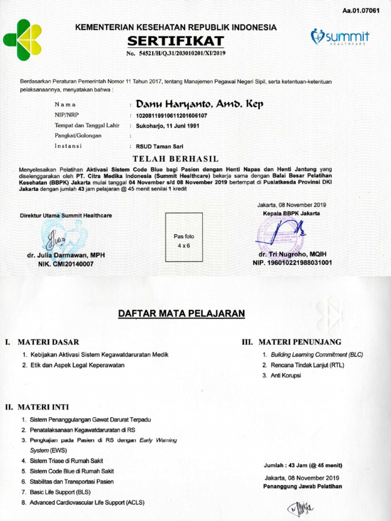 Sertifikat Kemenkes Code Blue | PDF