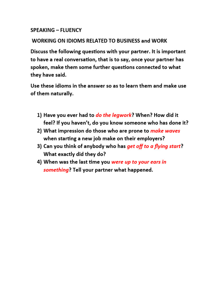 Speaking - Fluency - Working On Idioms Related To Work and Business ...