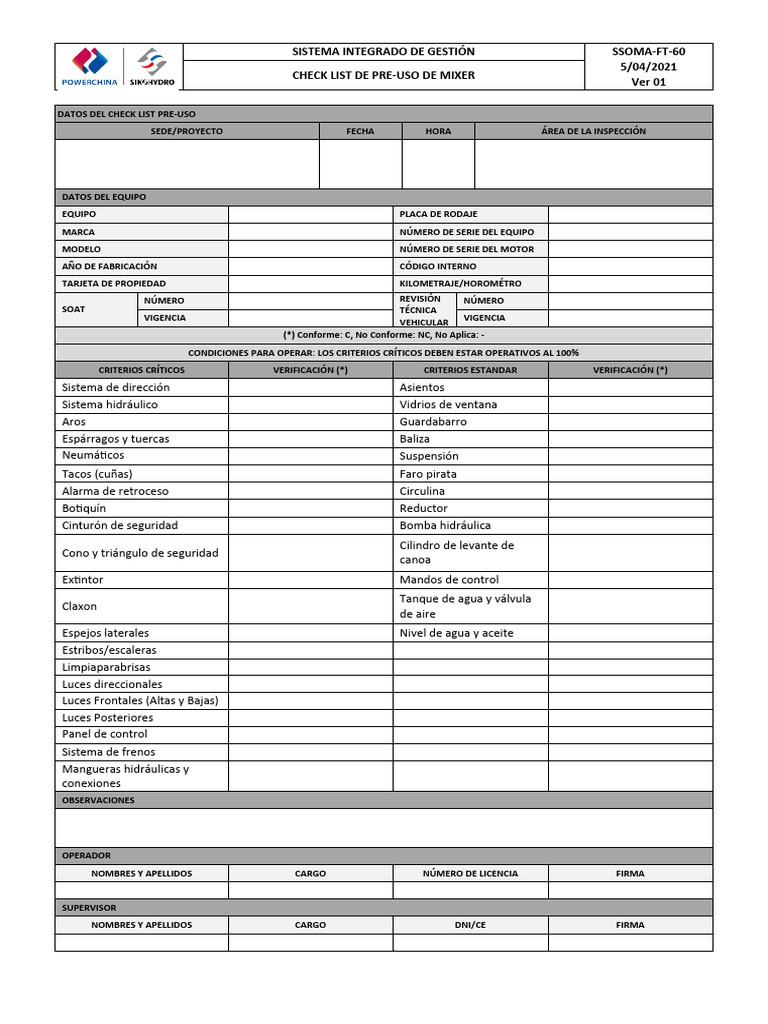 SSOMA-FT-60 Check List de Pre Uso de Mixer | Descargar gratis PDF ... SSOMA-FT-60 Check List de Pre Uso de Mixer | Descargar gratis PDF ...