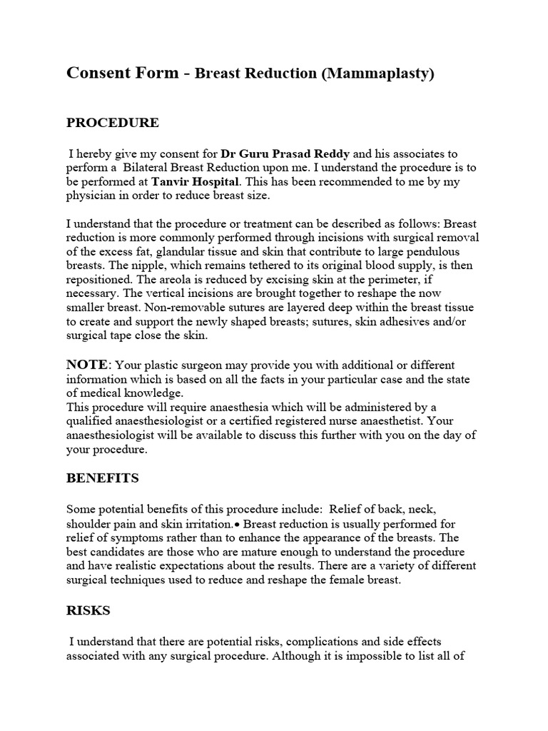 Breast Reduction - Consent For Surgery | PDF | Surgery | Breast Cancer
