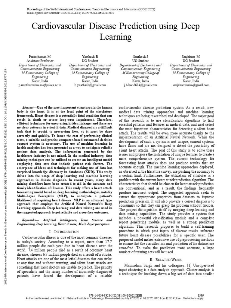 Cardiovascular Disease Prediction Using Deep Learning Pdf Machine Learning Artificial