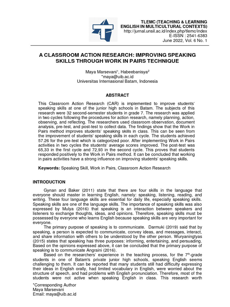 A Classroom Action Research Improving Speaking Skills Through Work in Pairs Technique | PDF ...