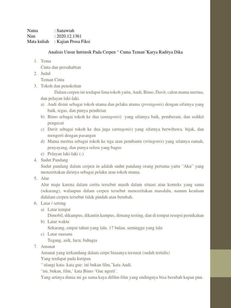 Analisis Cerpen Cuma Teman Karya Raditya Dika (Sanawiah) | PDF | Seni ...