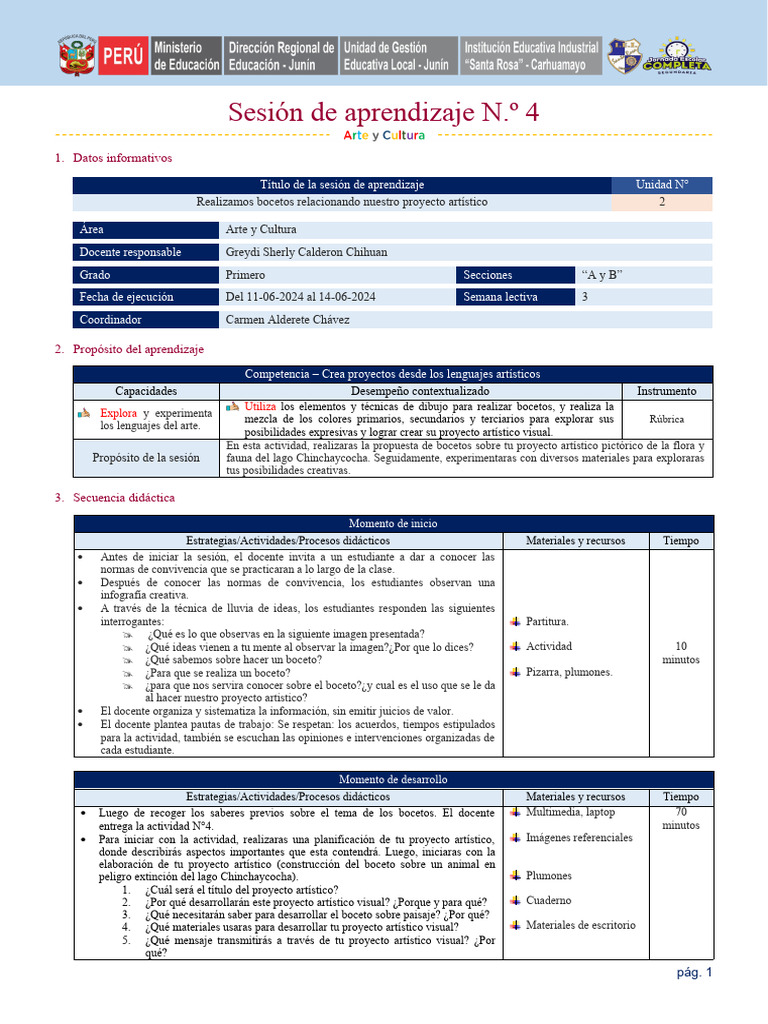 Sesión de Aprendizaje 4 - 1° | PDF | Aprendizaje | Maestros
