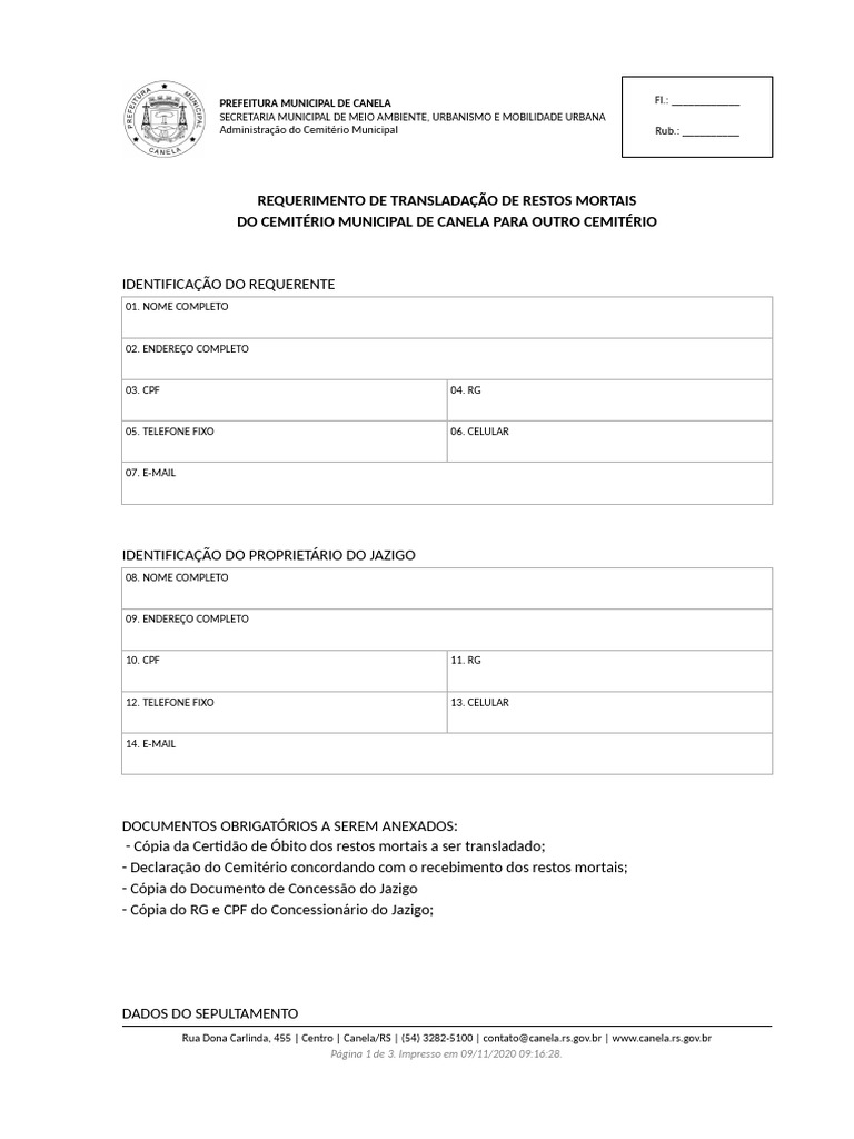 Requerimento de Transladacao de Restos Mortais | PDF