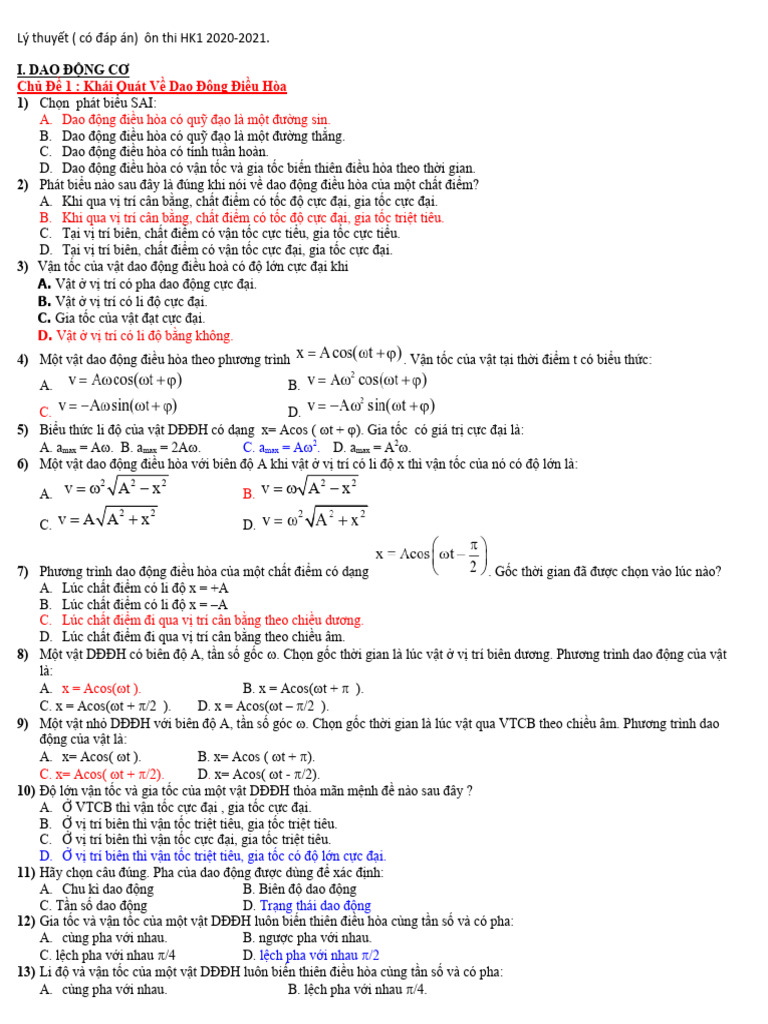 Lý Thuyết Có Đáp Án HK1 2020 2021 | PDF