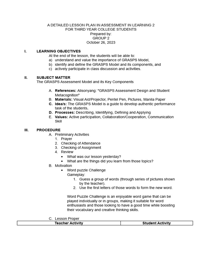 GRASPS Model Lesson Plan | PDF | Educational Assessment | Learning