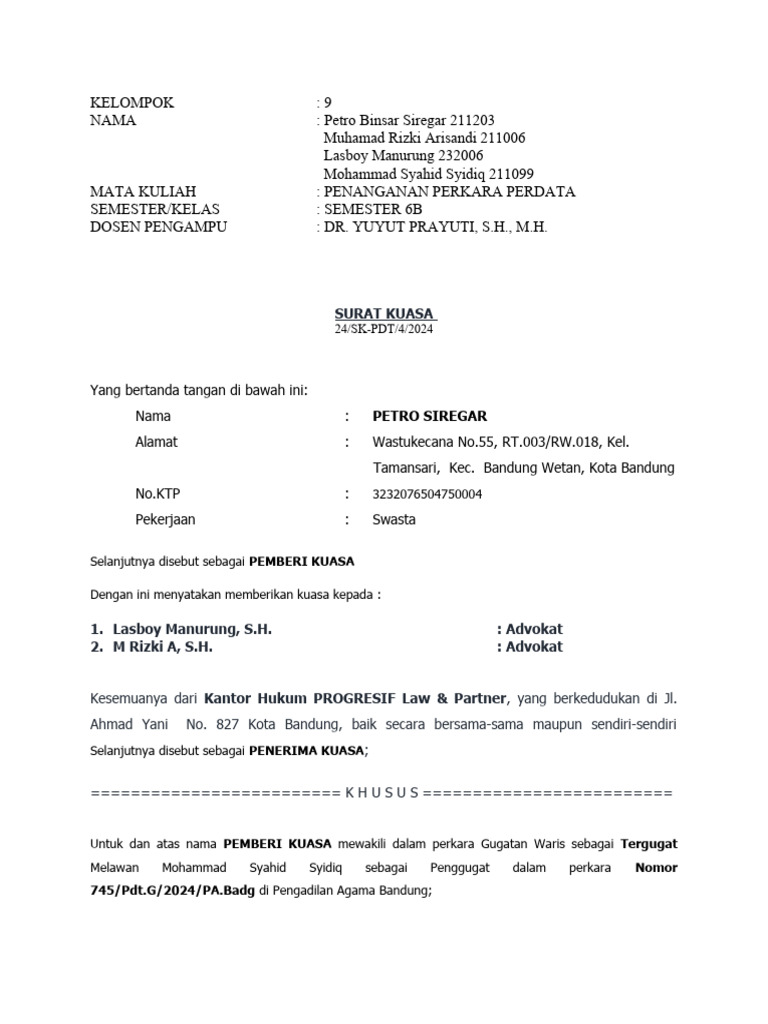 SURAT KUASA GUGAT WARIS KELOMPOK 9 | PDF