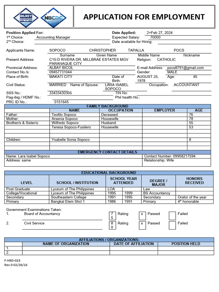 F-HRD-023 Rev0 Application For Employment | PDF