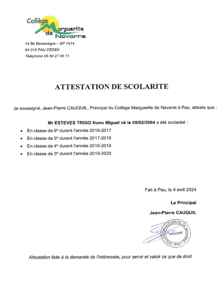 Attestation Scolaritã© | PDF