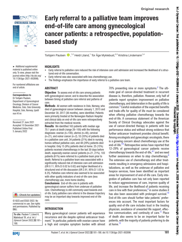 Early Referral To A Palliative Team Improves End-Of-life Care Among ...