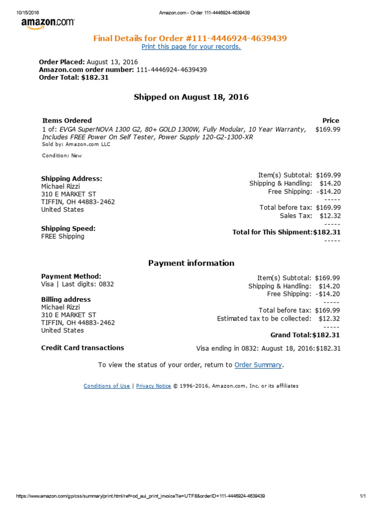Amazon 1300W Invoice | PDF | Visa Inc. | Payments
