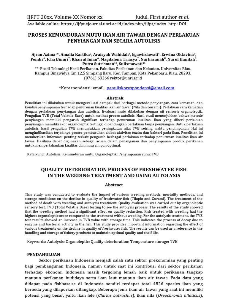 Jurnal Kelompok 1 THP - B (Proses Kemunduran Mutu Ikan Air Tawar Dengan Perlakuan Penyiangan Dan ...