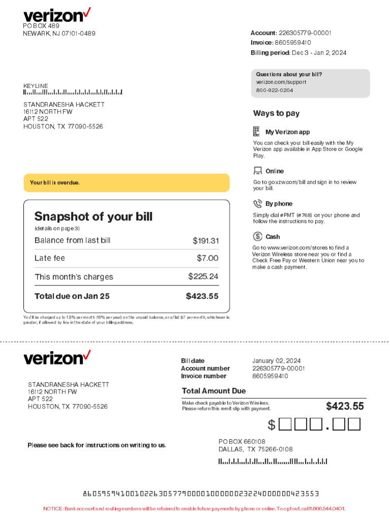 verizon bill | PDF | Credit Card | Cheque