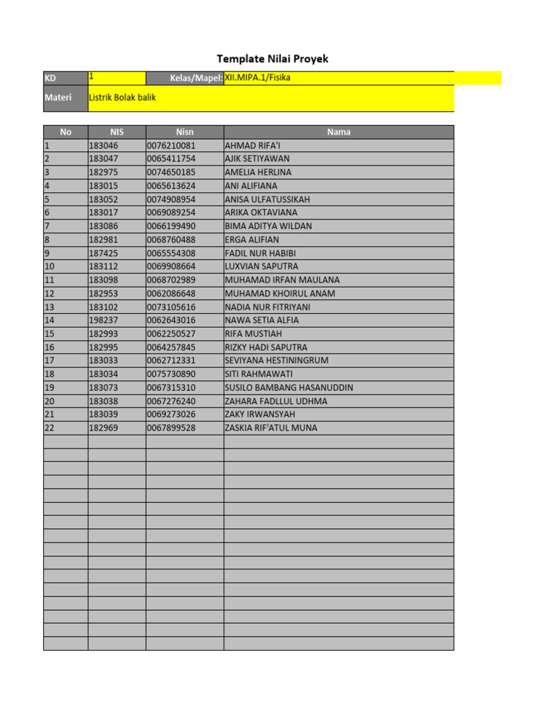 Template Nilai Proyek-XII.MIPA.1-Fisika | PDF