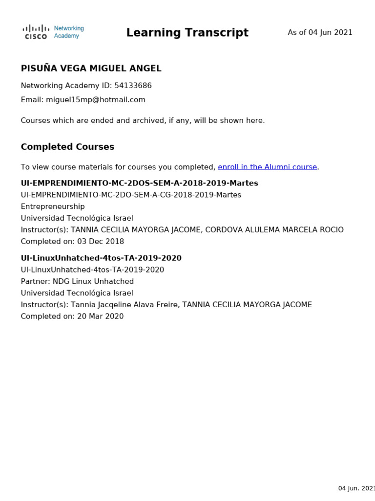 NetAcad Learning Transcript | PDF