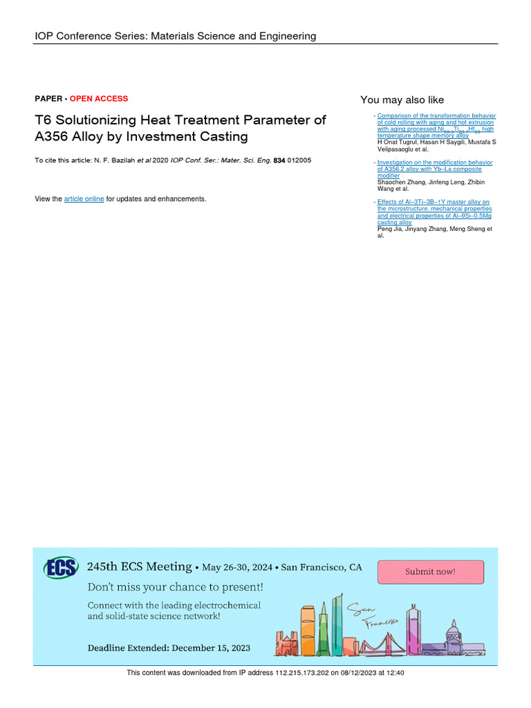 T6 Solutionizing Heat Treatment Parameter of A356 Alloy by Investment ...