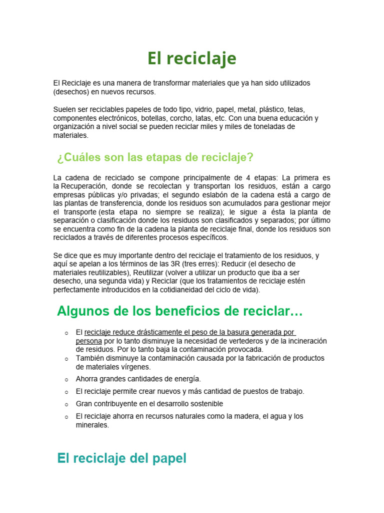 El Reciclaje | PDF | Reciclaje | Residuos