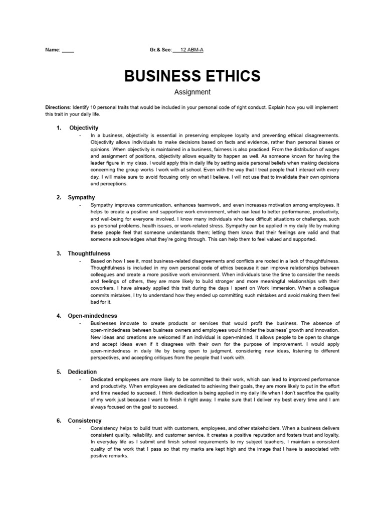 BUSINESS ETHICS ASSIGNMENT | PDF | Sympathy | Regulatory Compliance