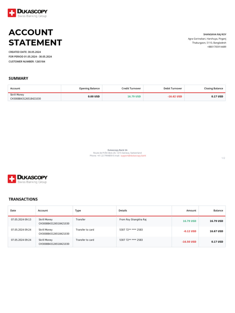 Dukascopy Bank Statement | PDF | Debits And Credits | Service Industries