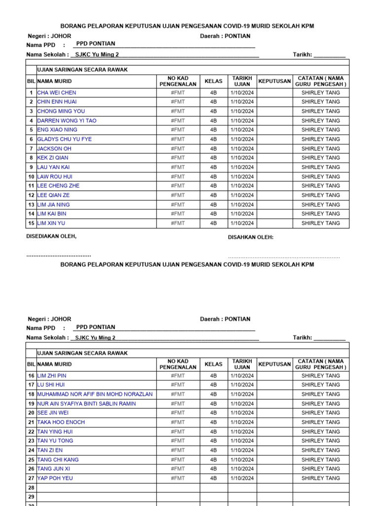 Borang Saliva RTK Bergejala Murid | PDF