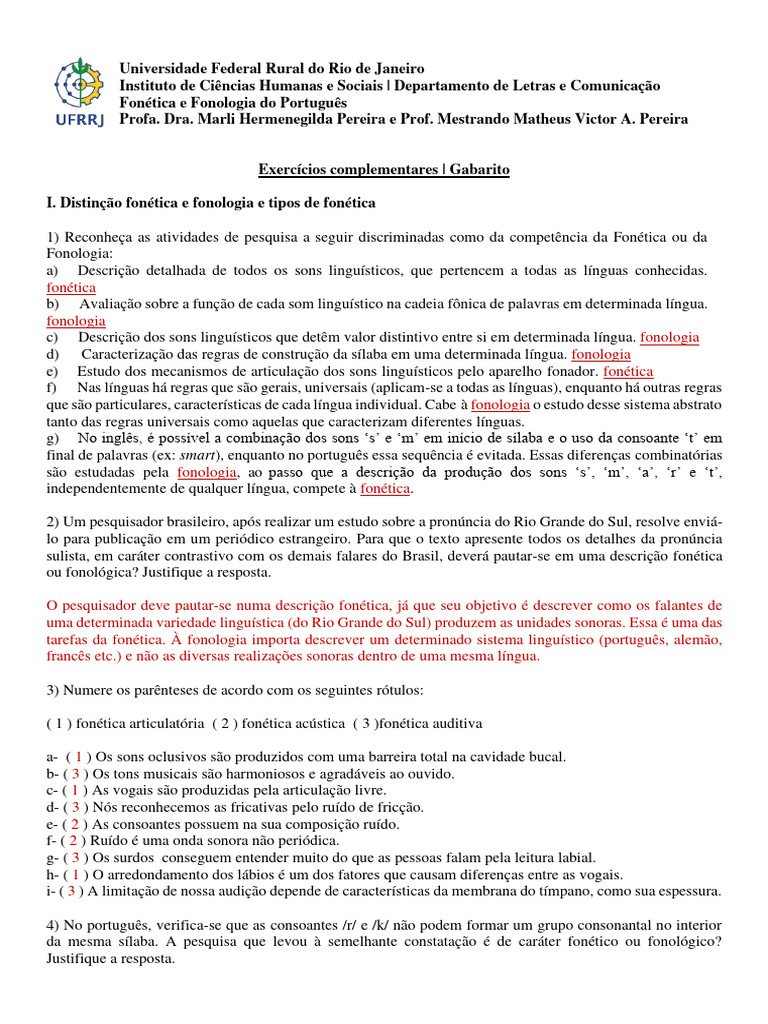 Exercícios Complementares-Gabarito | PDF | Fonética | Fonologia