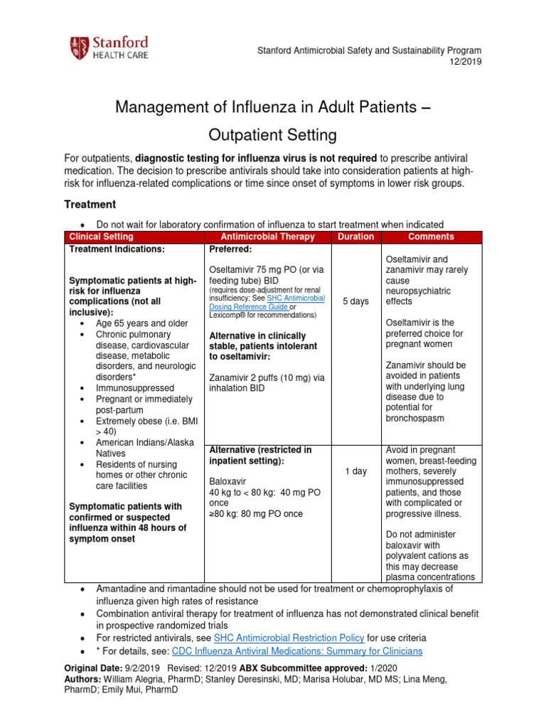 Influenza Management Guidelines for Adults | PDF | Influenza | Clinical ...