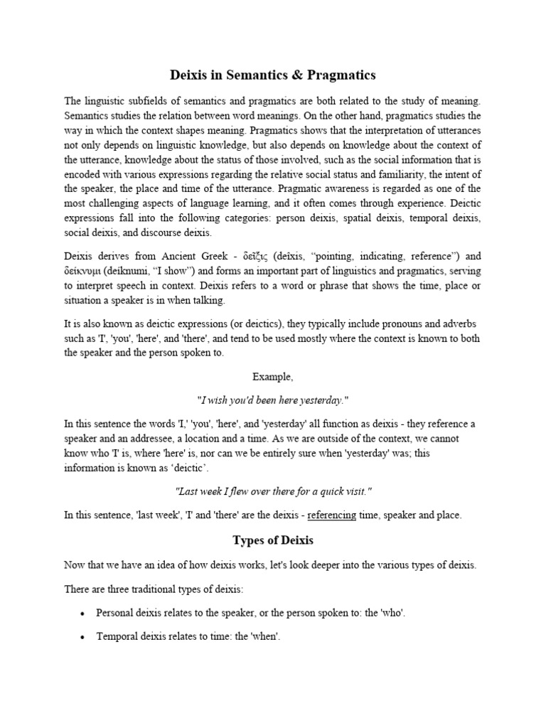Deixis in Semantics | PDF | Semiotics | Human Communication