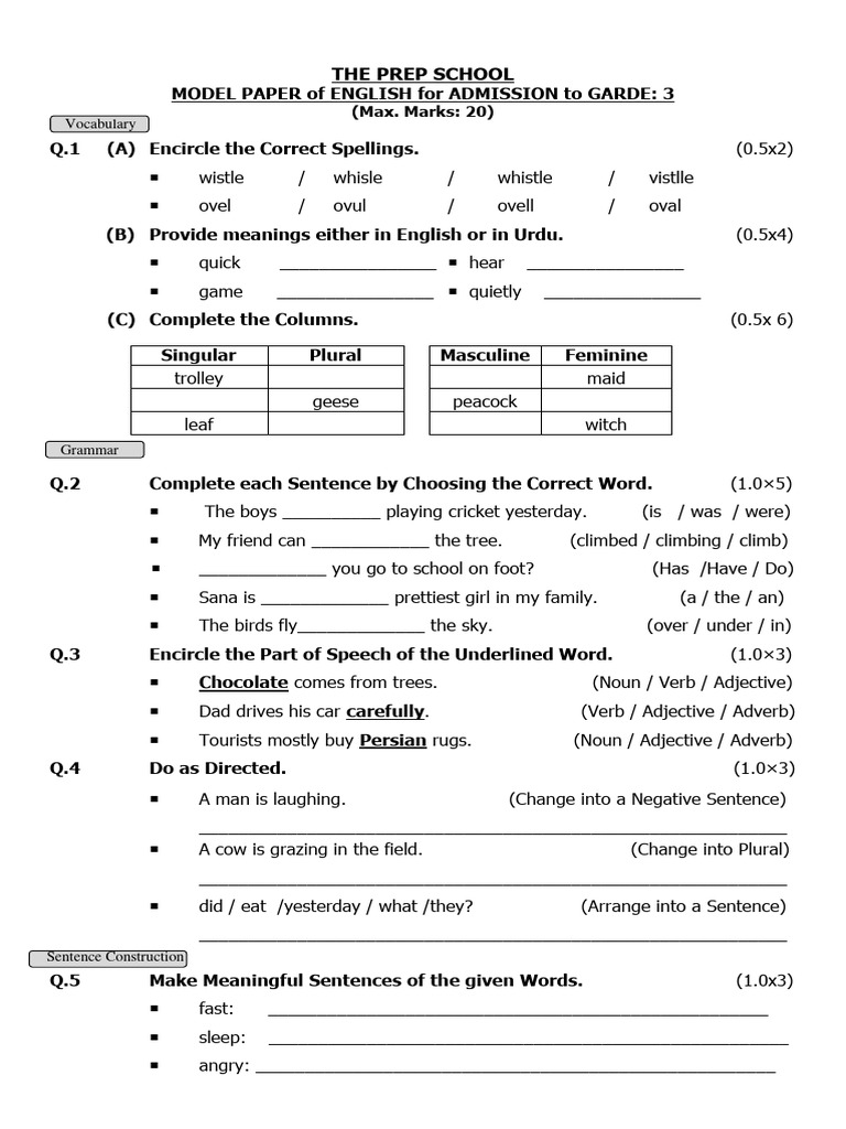 Model_Paper_Grade_3 | PDF | Grammatical Gender | Adverb