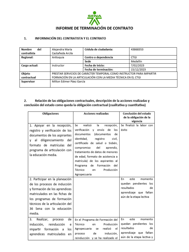 Informe de Terminación de Contrato | PDF | Aprendizaje | Evaluación