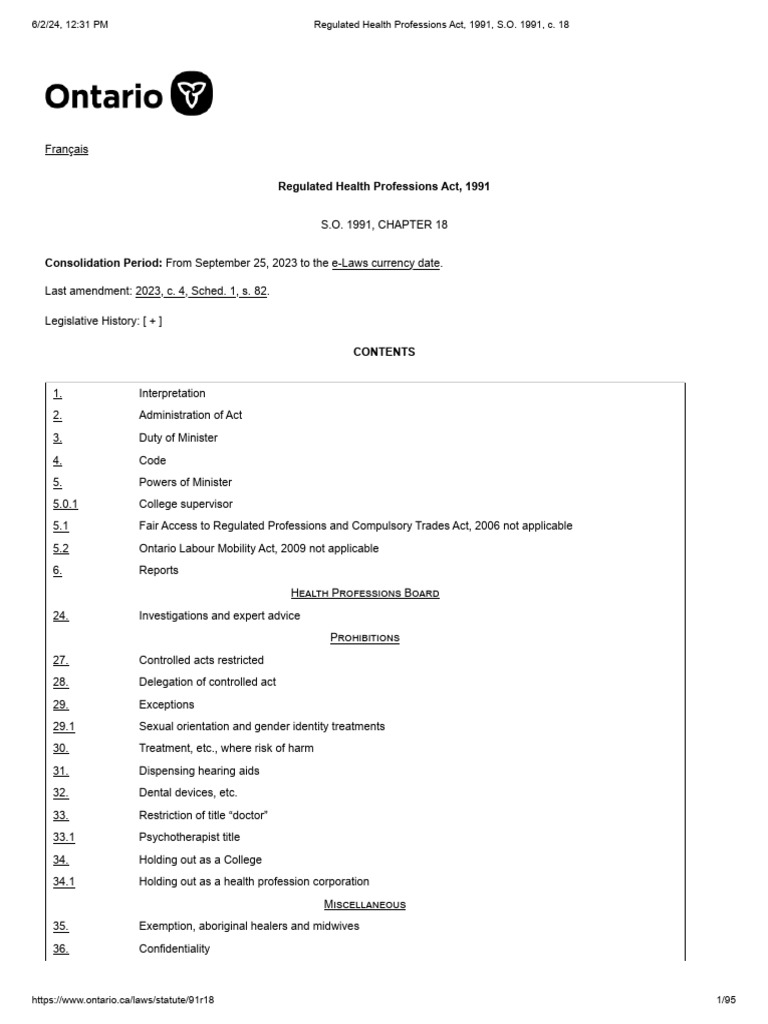 Regulated Health Professions Act, 1991, S.O. 1991, C. 18 | PDF ...