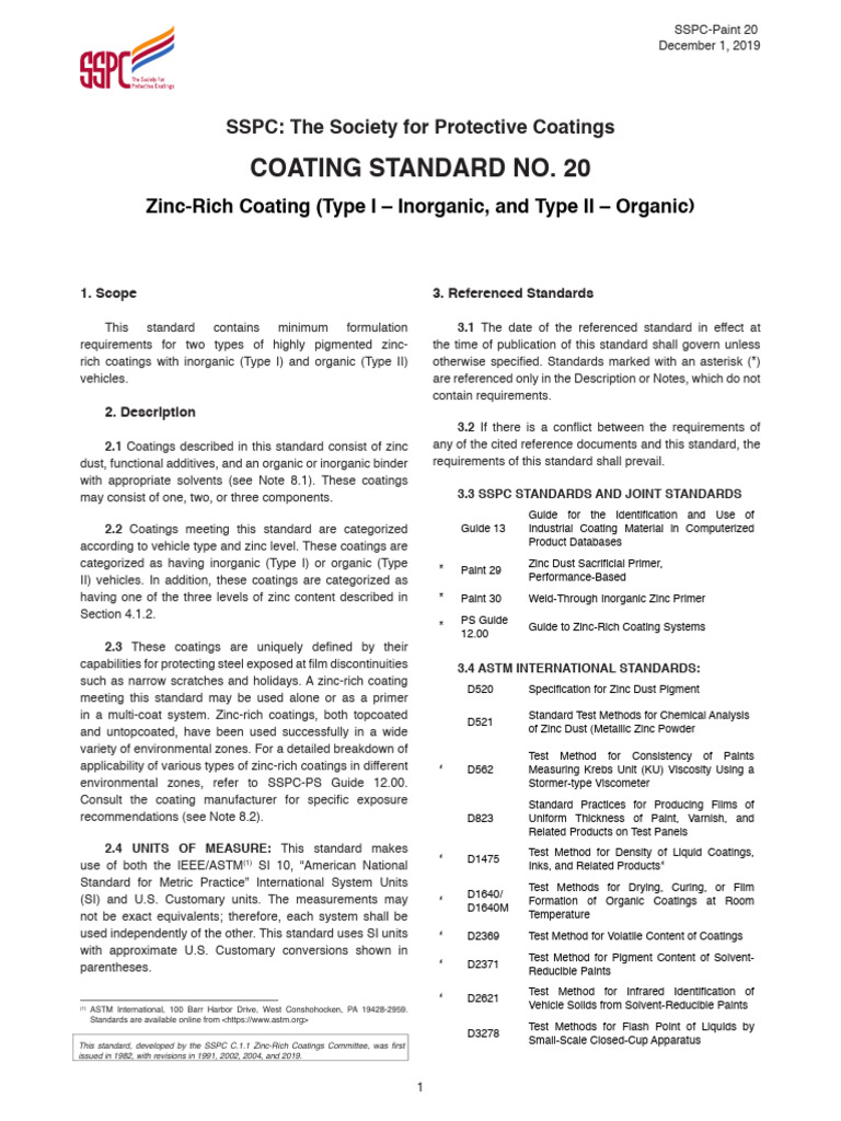 SSPC Paint 20-2019 Zinc Rich Coating | PDF | Paint | Coating