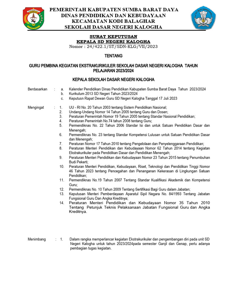 SK Ekstrakurikuler 2023 2024 KLG | PDF