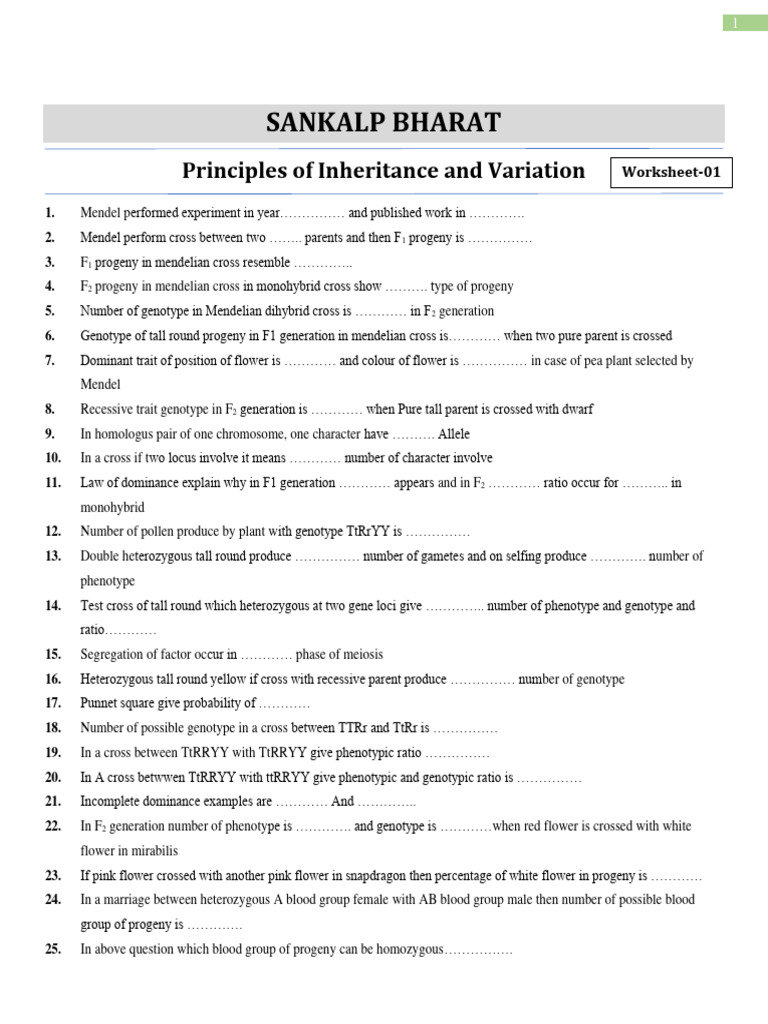 Worksheet 01 Principle of Inheritance and Variation Mendelian | PDF ...
