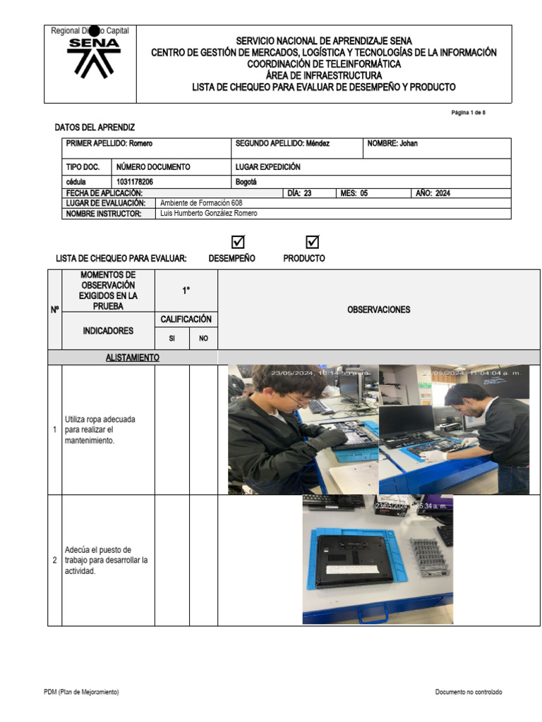 Taller 3. Lista de Chequeo Del Taller 3. Alistamiento, Ensamble y ...