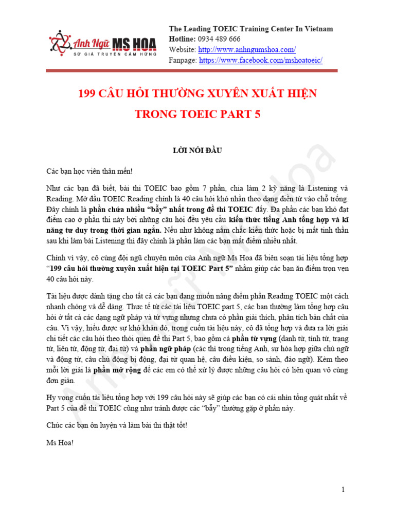 199 CÂU HỎI THƯỜNG XUYÊN XUẤT HIỆN TRONG TOEIC PART 5 | PDF 199 CÂU HỎI THƯỜNG XUYÊN XUẤT HIỆN TRONG TOEIC PART 5 | PDF