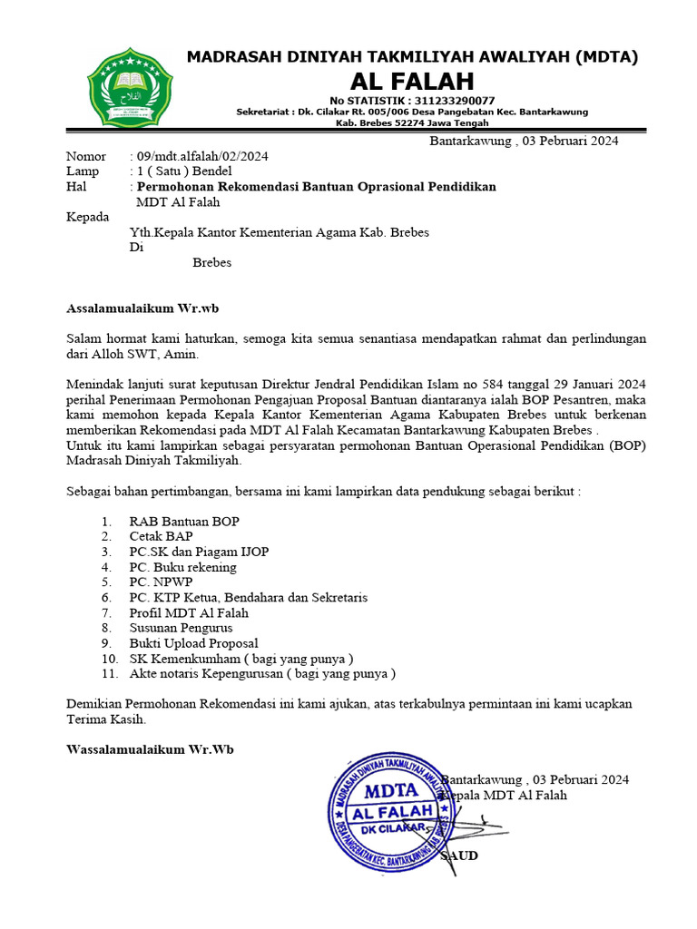 Permohonan Rekomendasi BOP MDT Al Falah | PDF