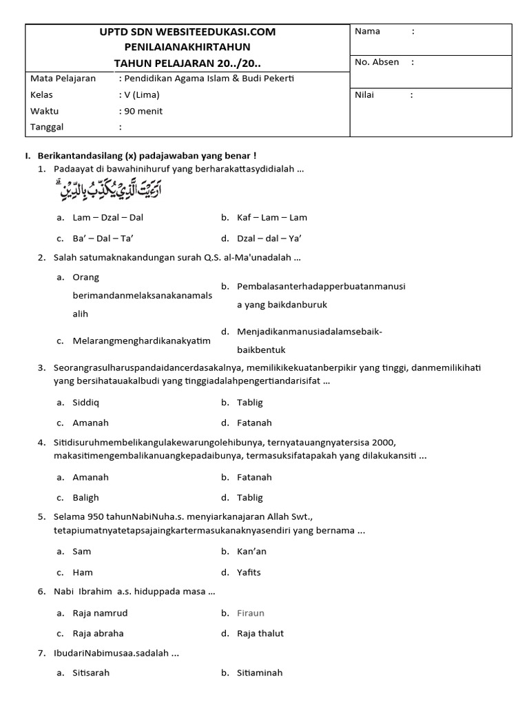 Soal PAT PAI Kelas 5 K13 | PDF
