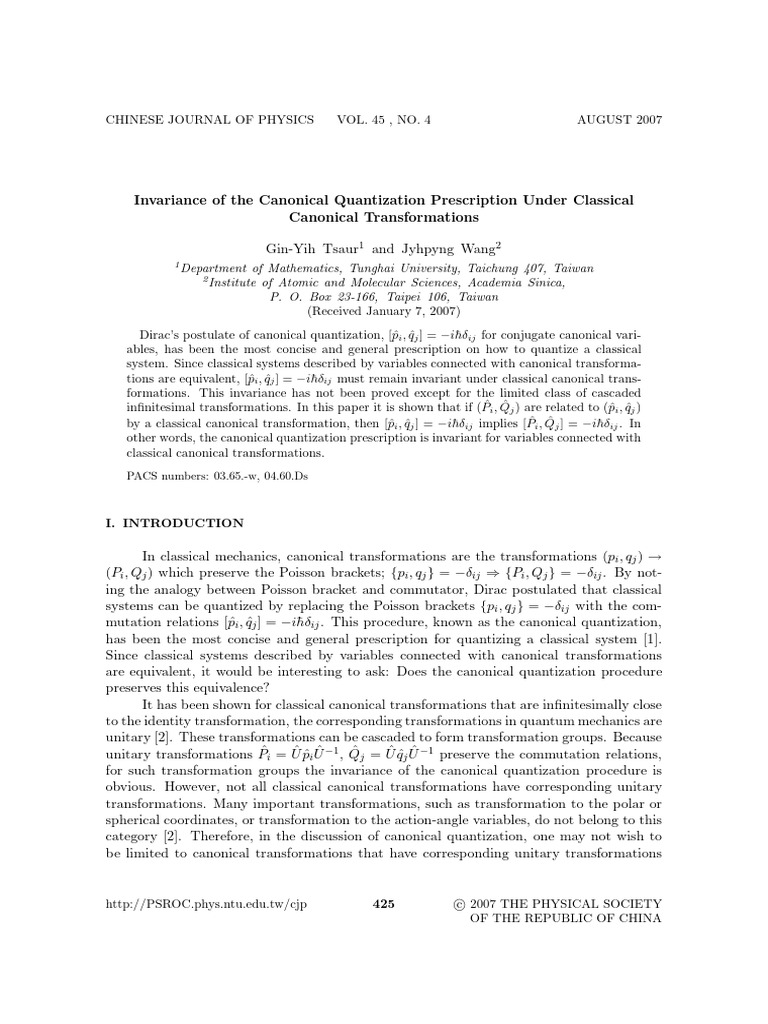 Invariance of The Canonical Quantization Prescription Under Classical ...
