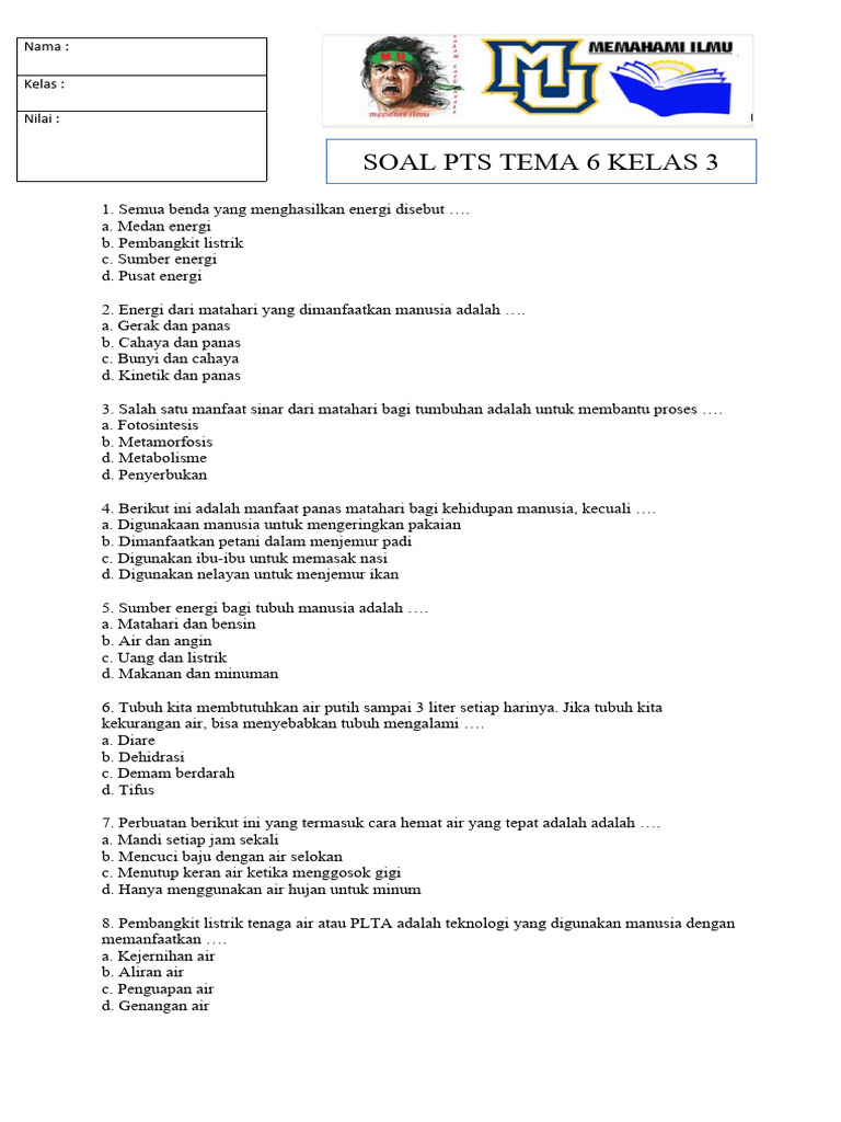 Soal PTS Tema 6 Kelas 3 | PDF | Perjalanan | Sains & Matematika