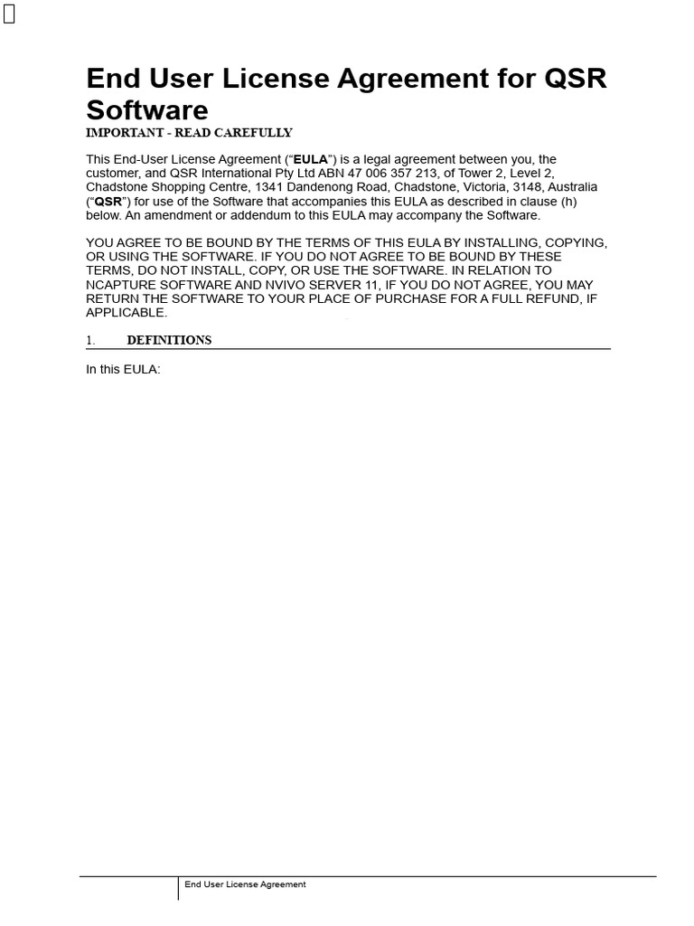 QSR Software End User License Agreement | PDF | Copyright | License