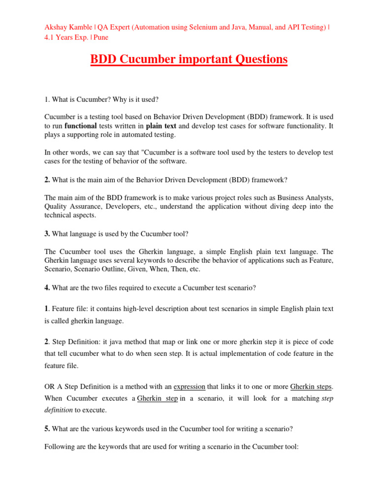 BDD Cucumber Important Questions | Download Free PDF | Selenium (Software) | Software Quality