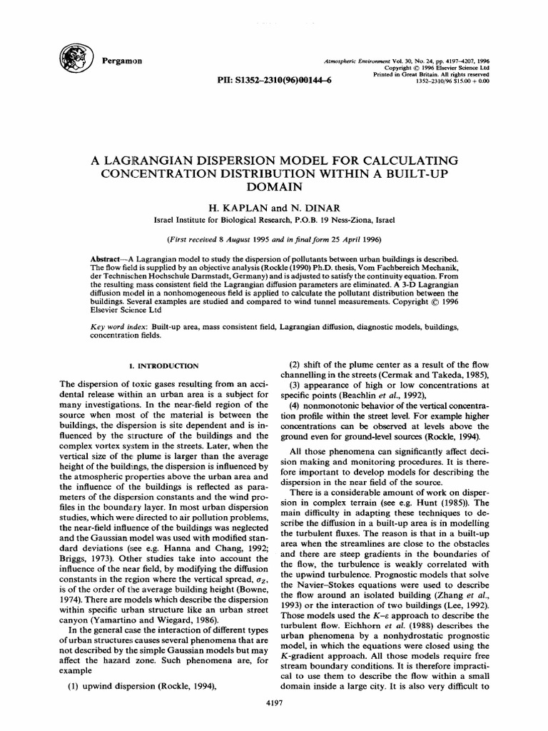 A Lagrangian Dispersion Model For Calculating Concentration Distribution Within A Built-Up ...