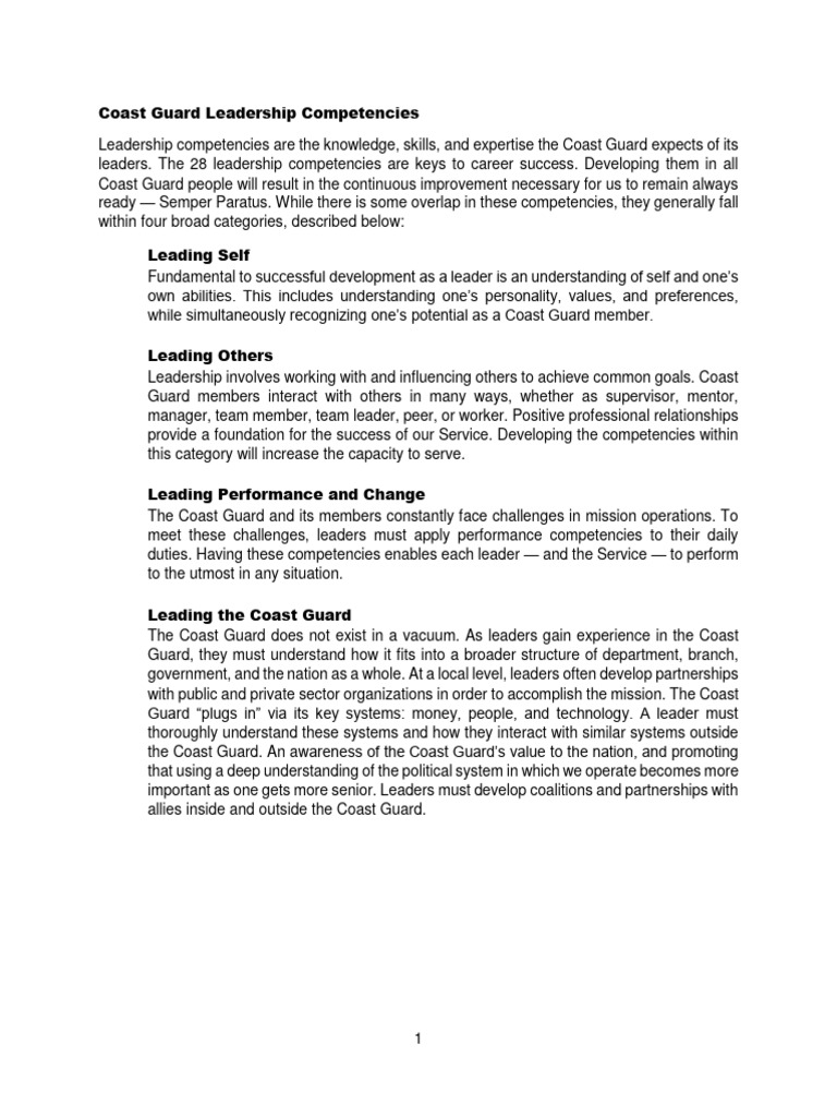 Coast Guard Leadership Competencies Guide | PDF | Leadership | Goal