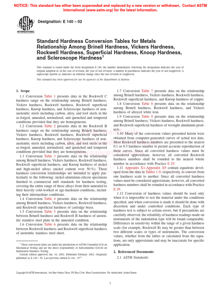Hardness conversiuon table ASTM-E140-02 | PDF | Hardness | Building ...