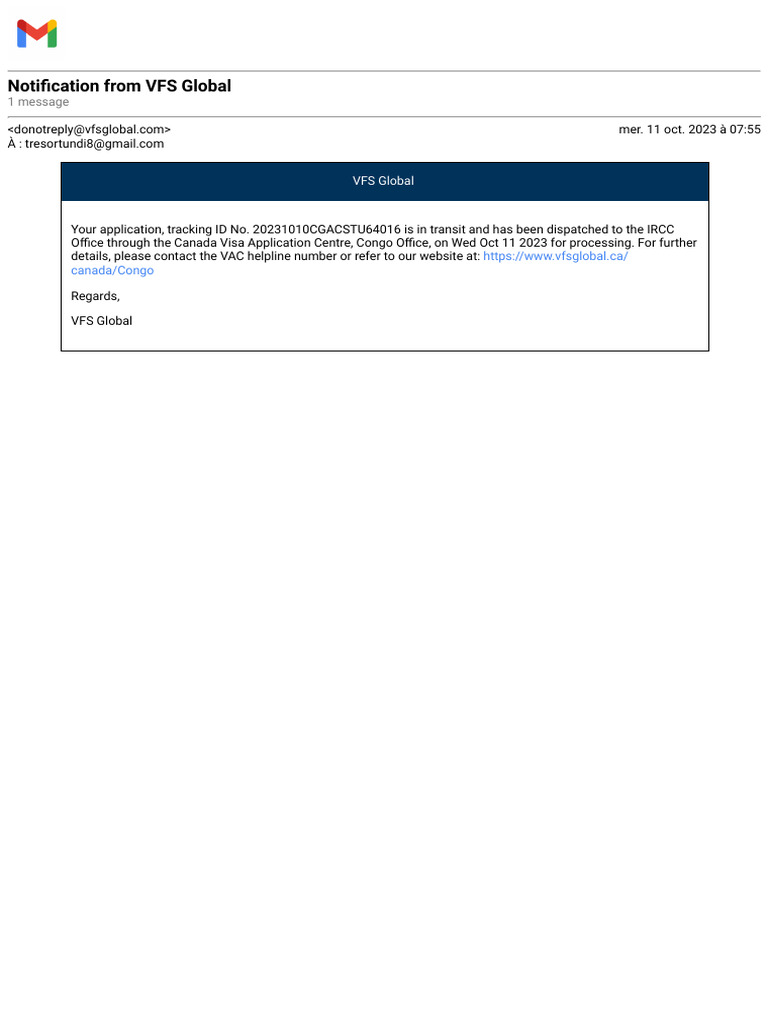 Gmail - Notification From VFS Global | PDF
