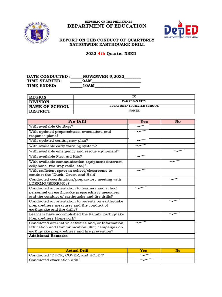 Bulatok Integrated School 2023 4th Quarter Nsed | PDF | Emergency ...