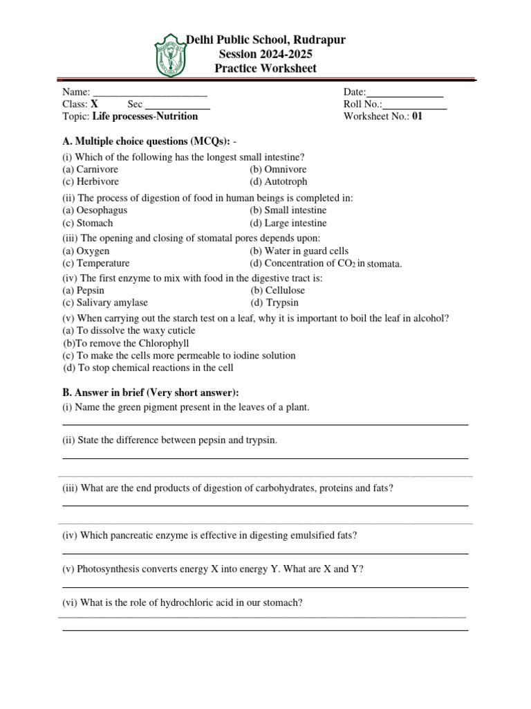 Worksheet No. 1 - Nutrition | PDF | Digestion | Biology