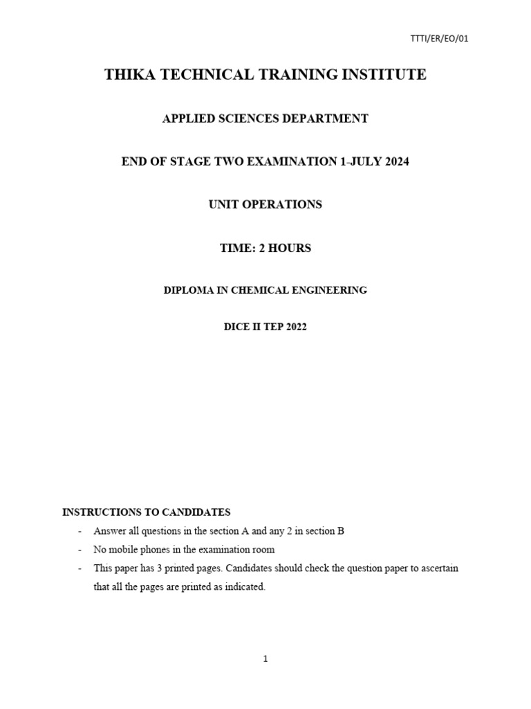 Unit Operations Exam - Chemical Engineering | PDF | Filtration ...